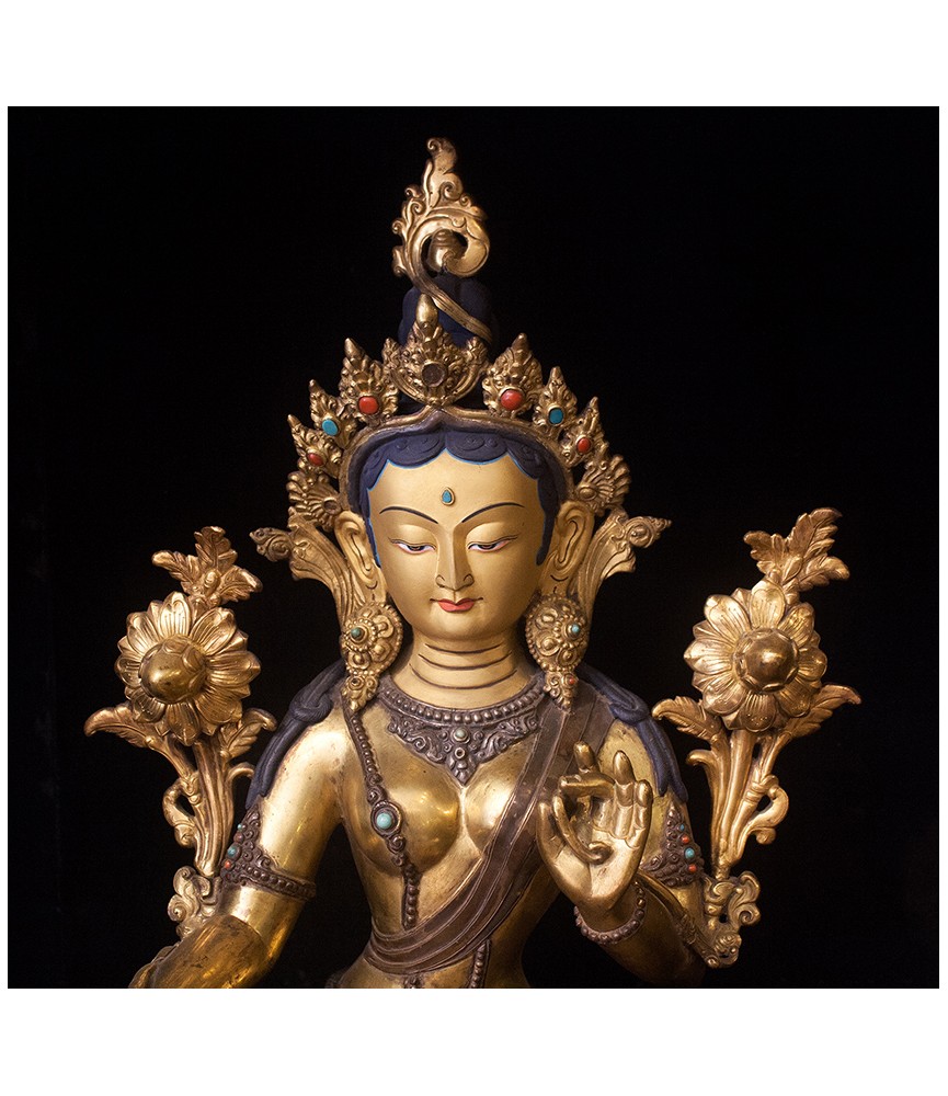 Antique Green Tara Half Gold Gilded Copper Statue