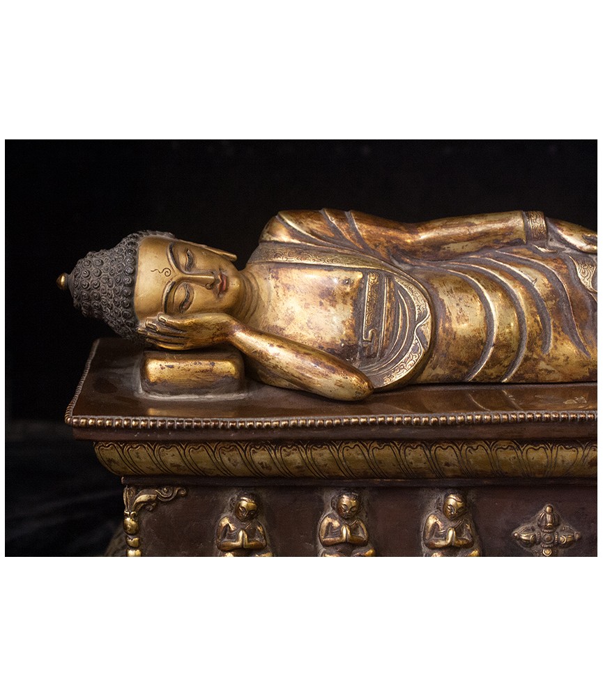 Nirvana Buddha Antique Half Gold Gilded Copper Statue